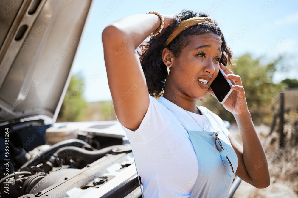 Car, woman and phone call for help and roadside assistance while ...