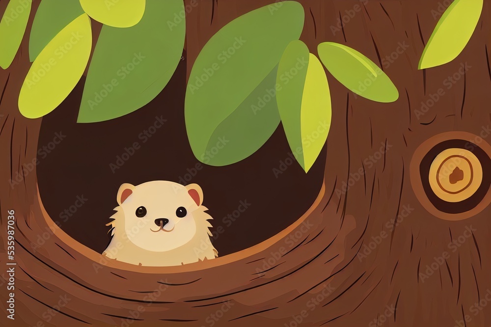 Cute animal inside tree hole. Forest groundhog in woods shelter, trunk ...