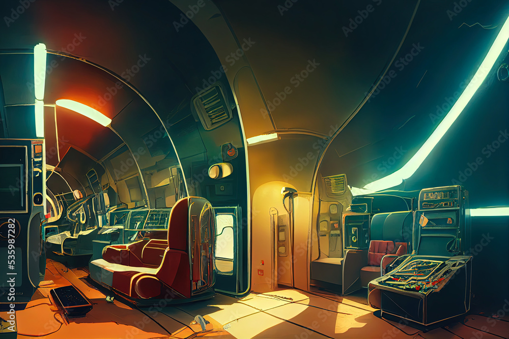 Digital illustration of retro interior of a spaceship. Inside an ... Digital illustration of retro interior of a spaceship. Inside an ...