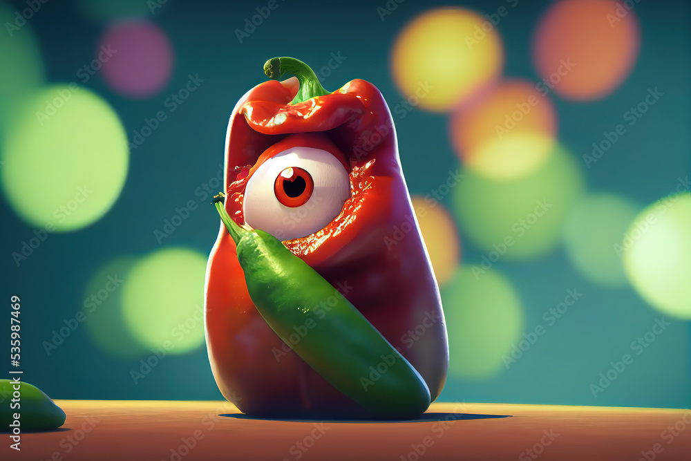Cartoon of a chilli pepper character on a colourful background ...