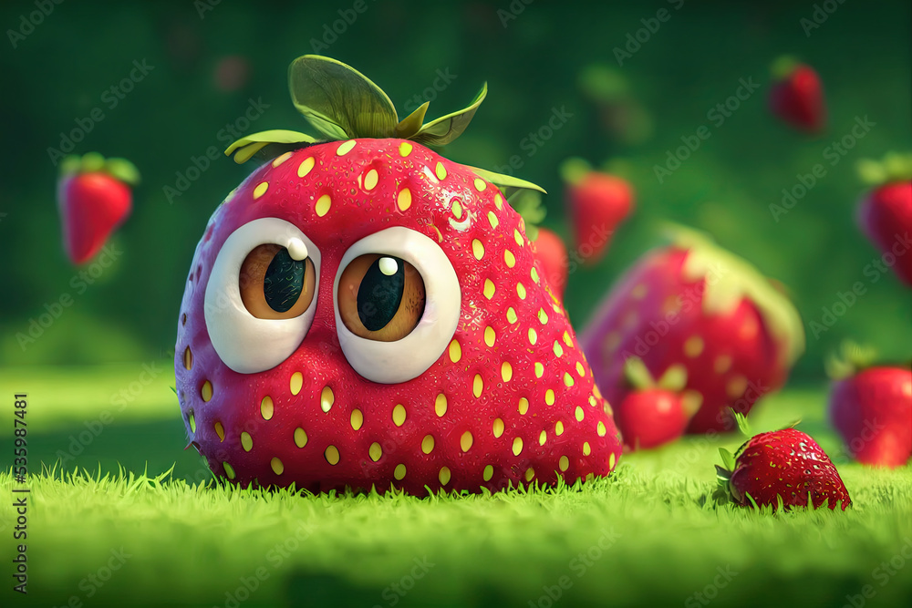 Cartoon of a strawberry character surrounded by other strawberries ...