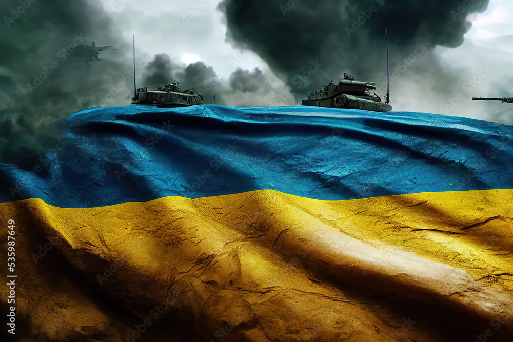 Large Ukrainian flag with tanks in the background. Blue and yellow ...