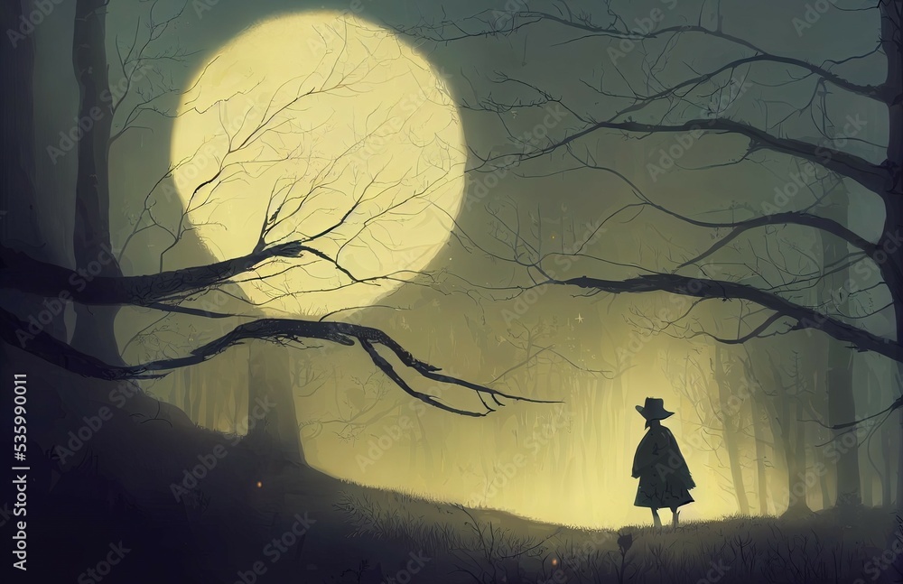 Spooky foggy forest at night with a silhouette figure on the main ...