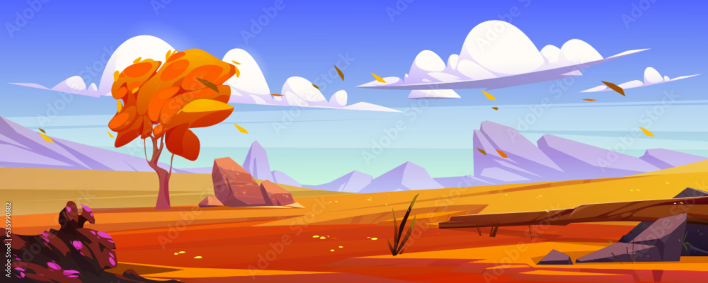 Cartoon autumn landscape, mountain valley nature background with orange ...