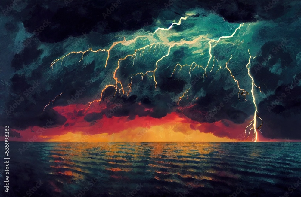 Dark mysterious monsoon cyclone storm clouds and multiple bolts of ...