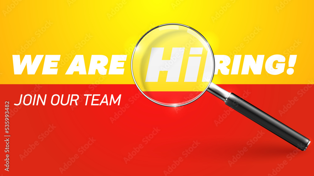 We are hring banner with magnifying glass, minimal yellow red job ...