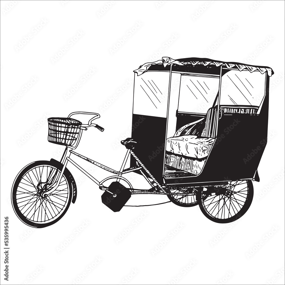 vector linear black and white doodle drawing bicycle rickshaw taxi ...