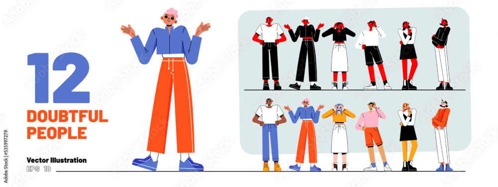 Set of doubtful people, puzzled pensive men and women in doubt thinking ...