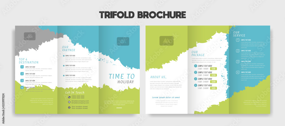 editable Modern trifold travel brochure template with blue and green ...