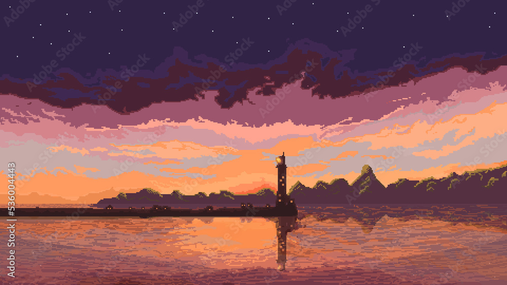 Night sky with stars, clouds, sea and moutains in 8 bit style. Pixel ...