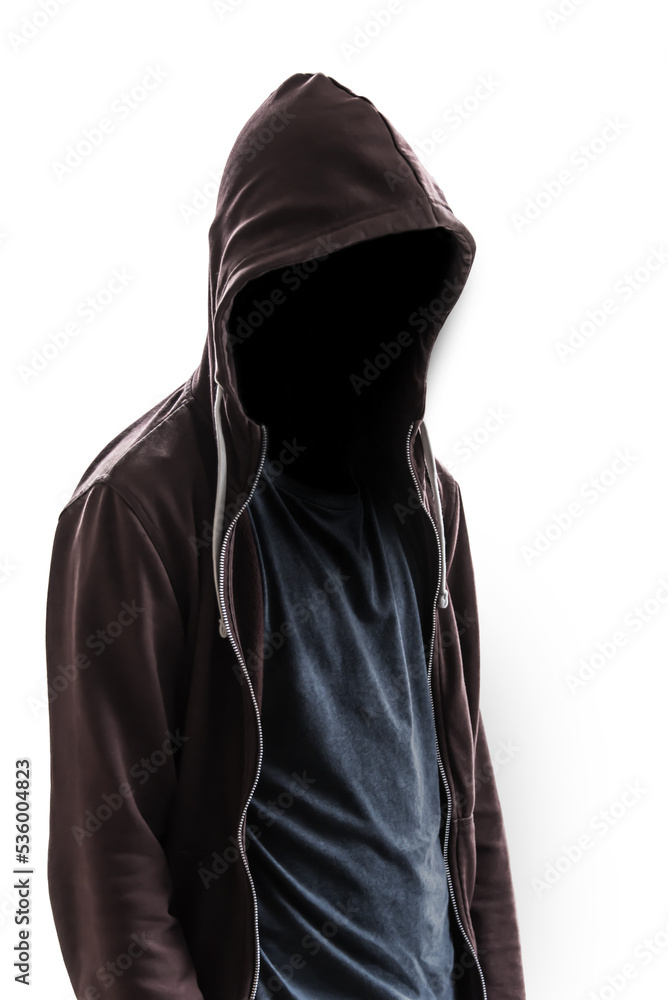 Silhouette of a young unrecognizable man with a hood and face in the ...
