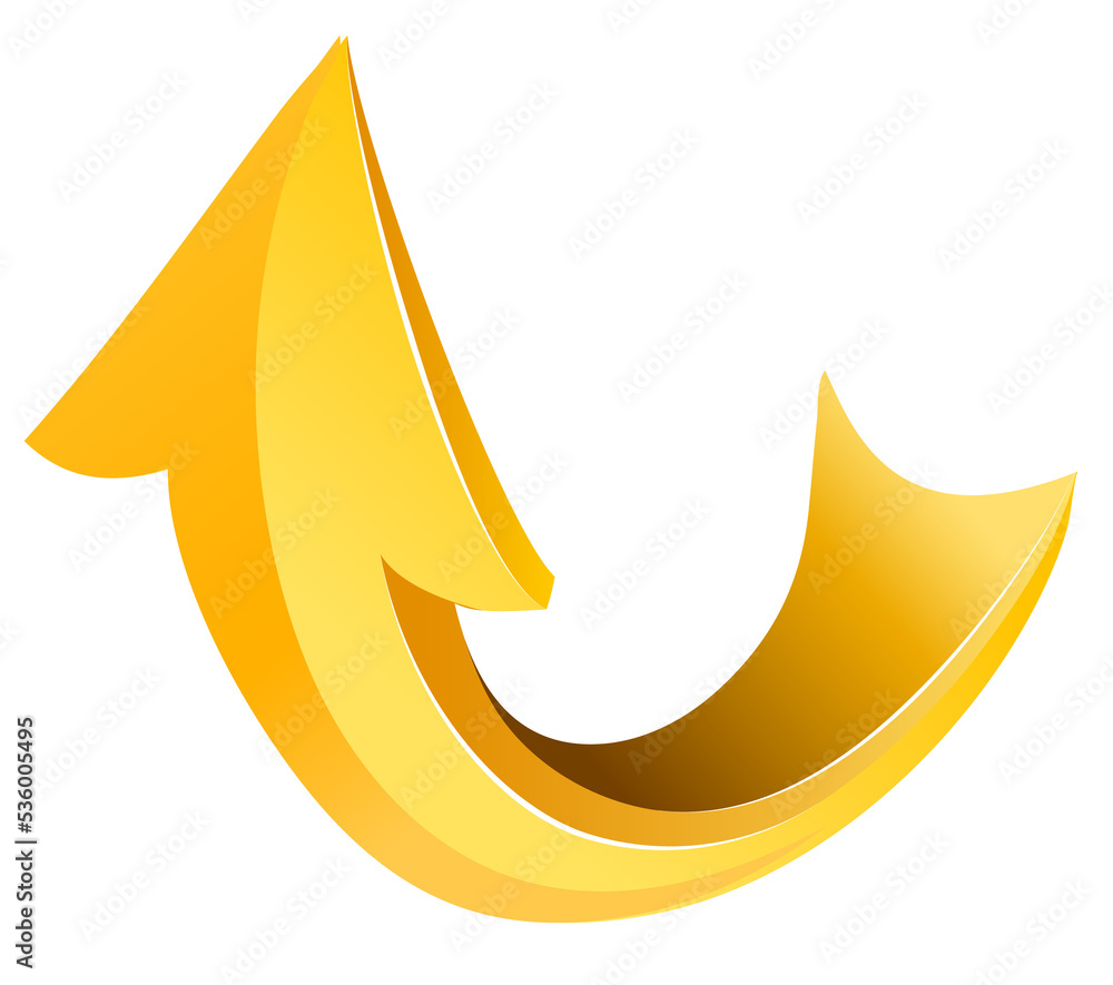 Curved 3d arrow icon. Yellow rounded arrow illustration with shadow and ...