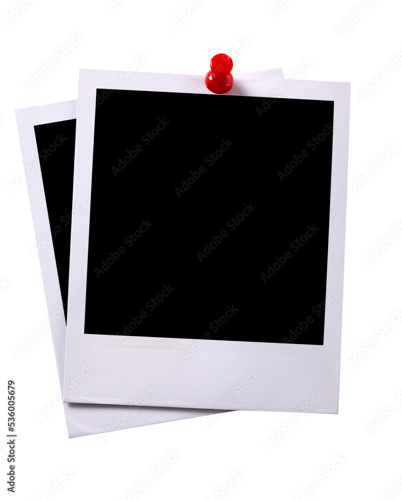 Two polaroid style instant camera prints pushpin isolated transparent ...