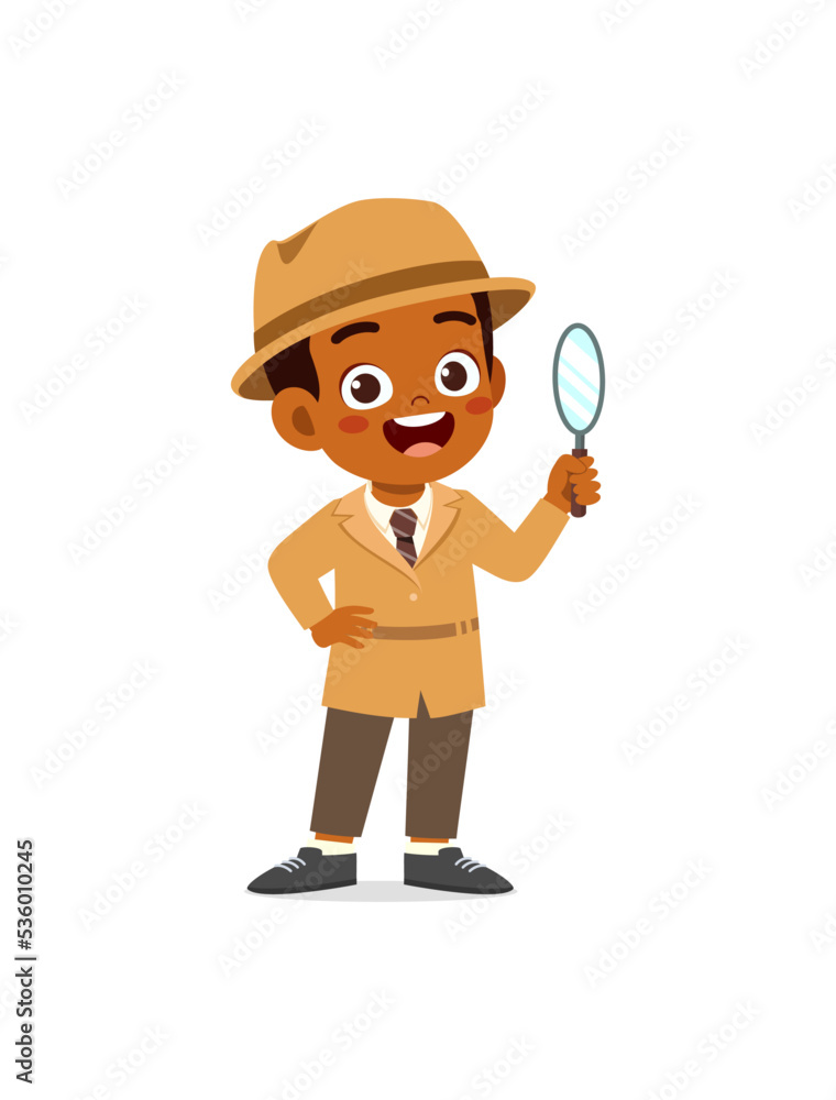 little kid wearing detective costume and holding magnifying glass Stock Vector | Adobe Stock