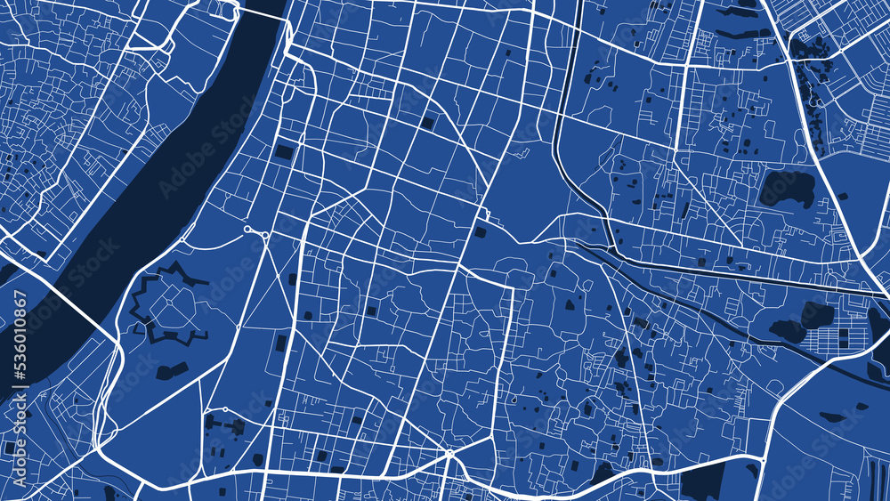 Detailed map poster of Kolkata city, linear print map. Blue skyline ...