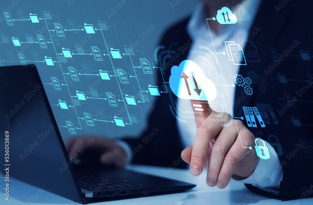 FTP(File Transfer Protocol) files receiver and computer backup copy. File sharing isometric ...