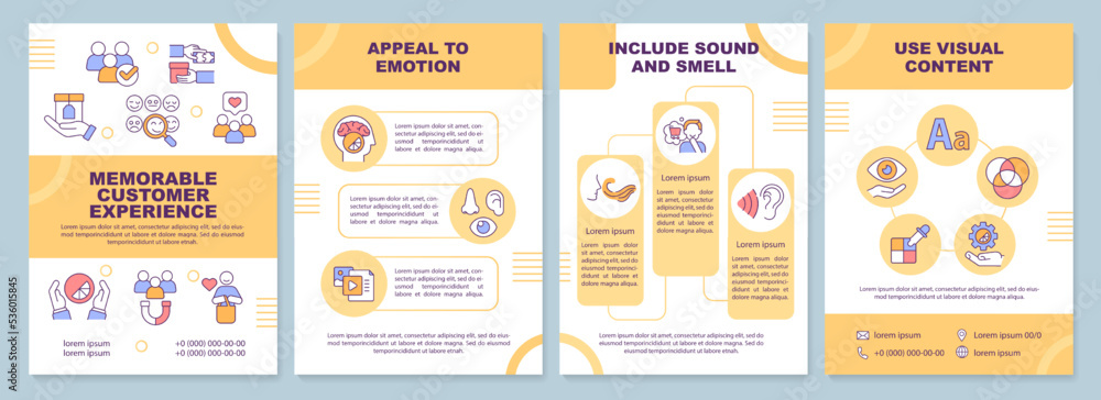 Vetor de Memorable customer experience orange brochure template. Senses ...