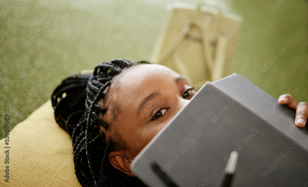 Black woman and student hiding face with notebook on casual college ...