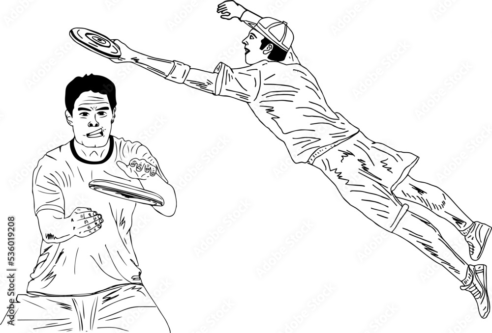 frisbee player sketch drawing, disk game player on beach outline vector ...