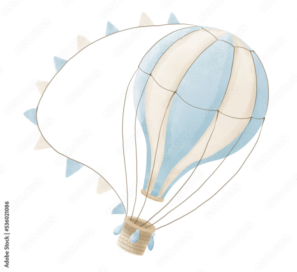 Watercolor blue hot Air Balloon with pennants. Vintage hand drawn ...