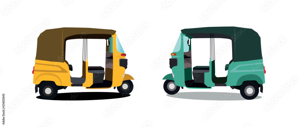 Poster Set of yellow and green auto rickshaw side view illustrations in ...