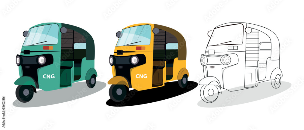 Set of yellow and green auto rickshaw side view illustrations in India ...