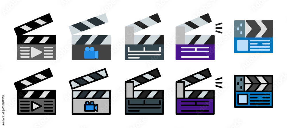 Clapper board icon set. Open and closed movie clapper. Different style ...