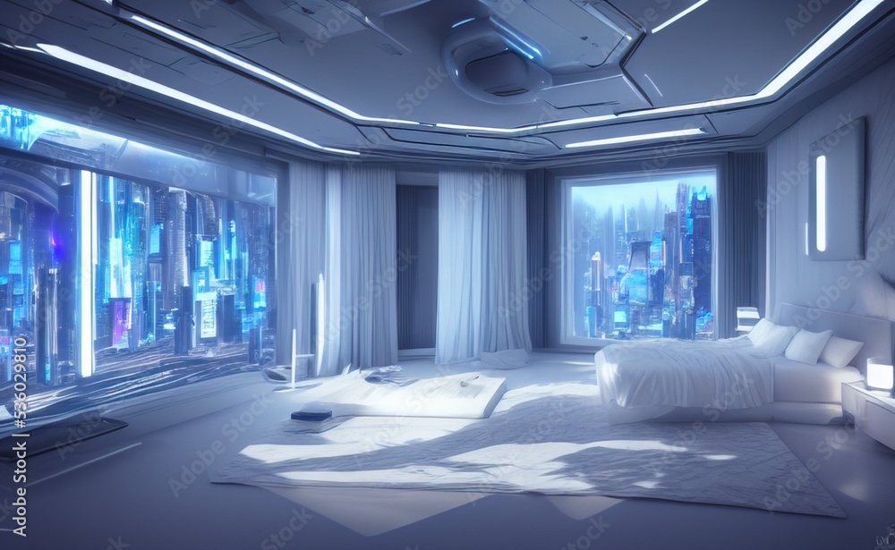 Luxurious futuristic bright and spacious bedroom with huge floor-to ...