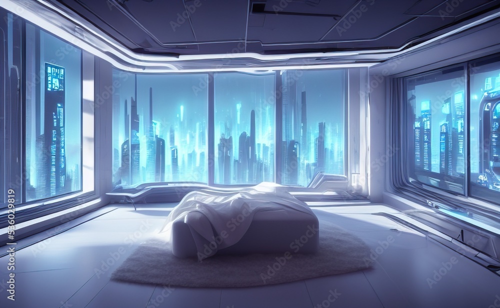 Luxurious futuristic bright and spacious bedroom with huge floor-to ...
