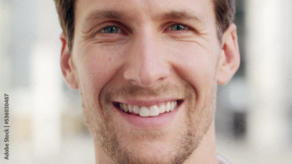 Video Stock Portrait, happiness and a smile closeup of a man with a ...
