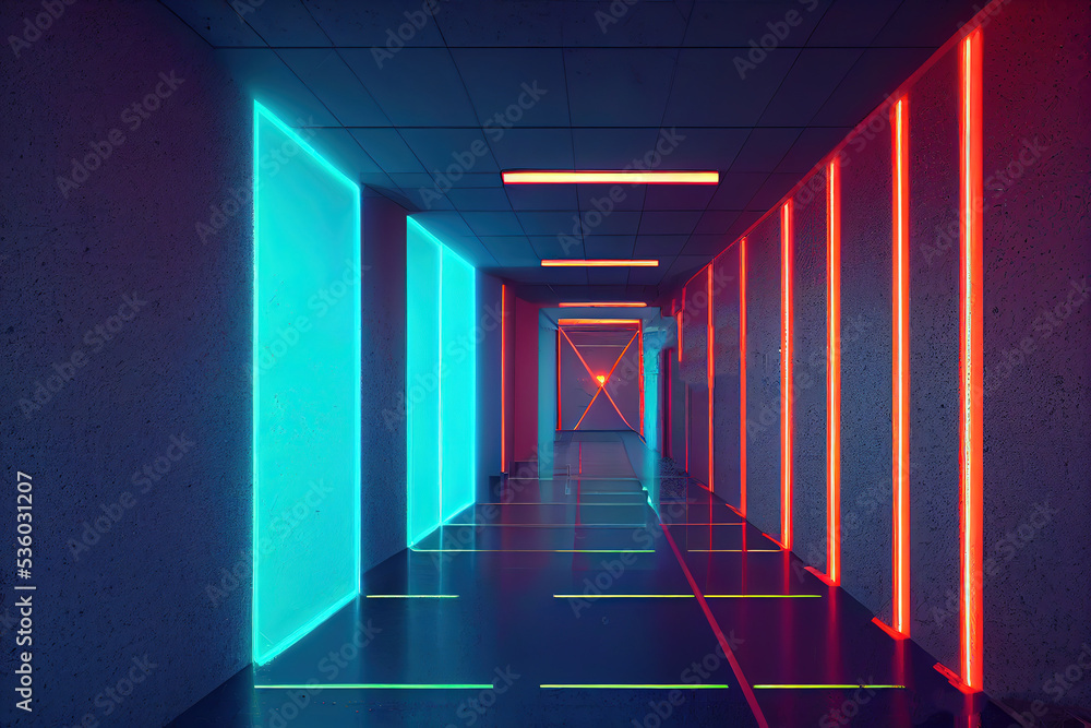 Modern empty futuristic room in neon cyberpunk style. Realistic ...
