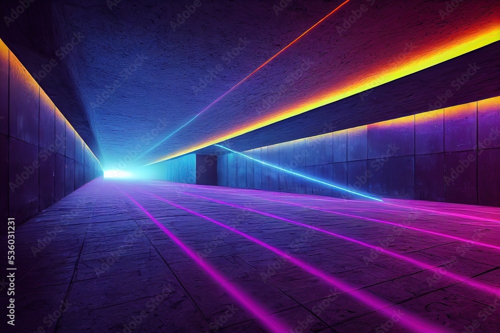 Modern empty futuristic room in neon cyberpunk style. Realistic ...