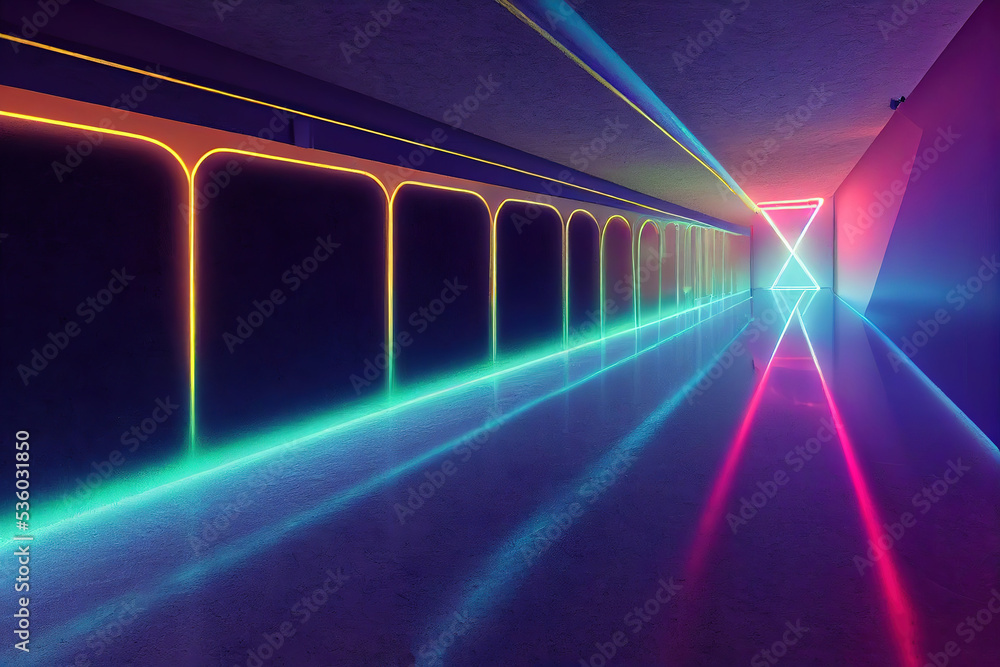Modern empty futuristic room in neon cyberpunk style. Realistic ...
