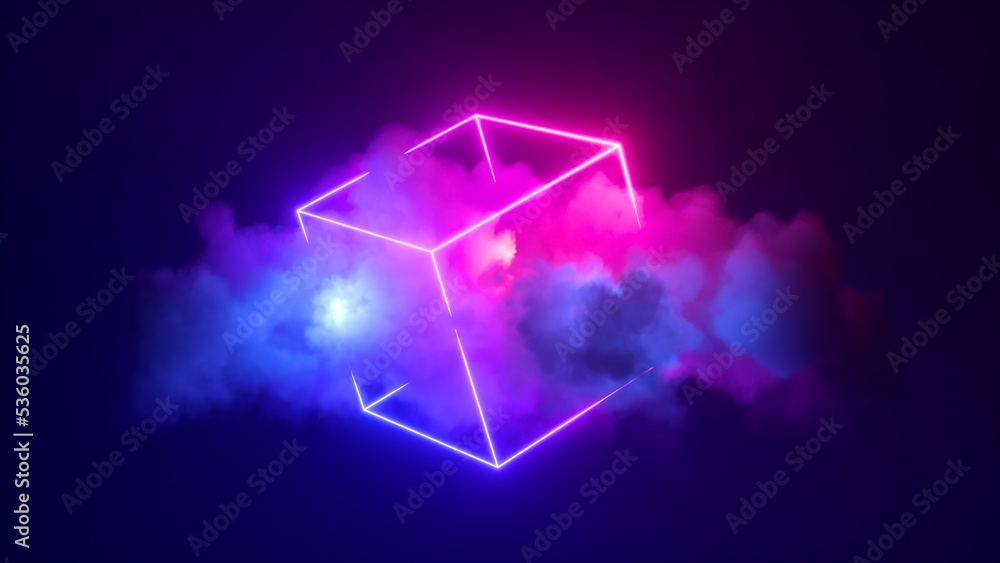 3d rendering, abstract pink blue neon background with glowing cloud and ...