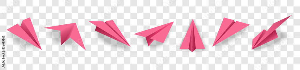 Realistic pink paper plane and origami airplane icon set. 3D model of ...