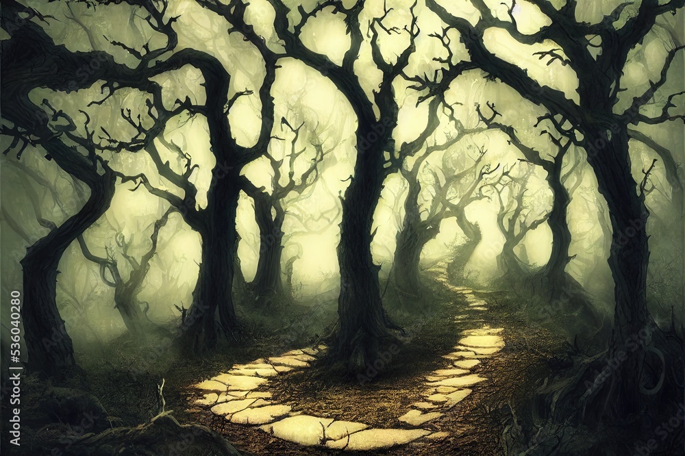 Fantasy Haunted forest path with fog and dry trees and branches Stock ...