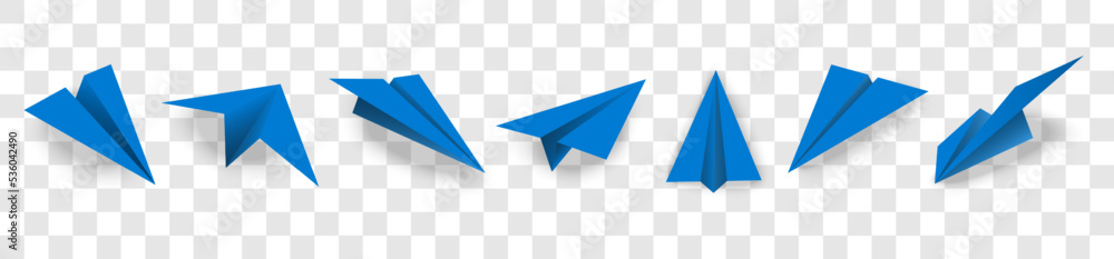 Realistic blue paper plane and origami airplane icon set. 3D model of ...