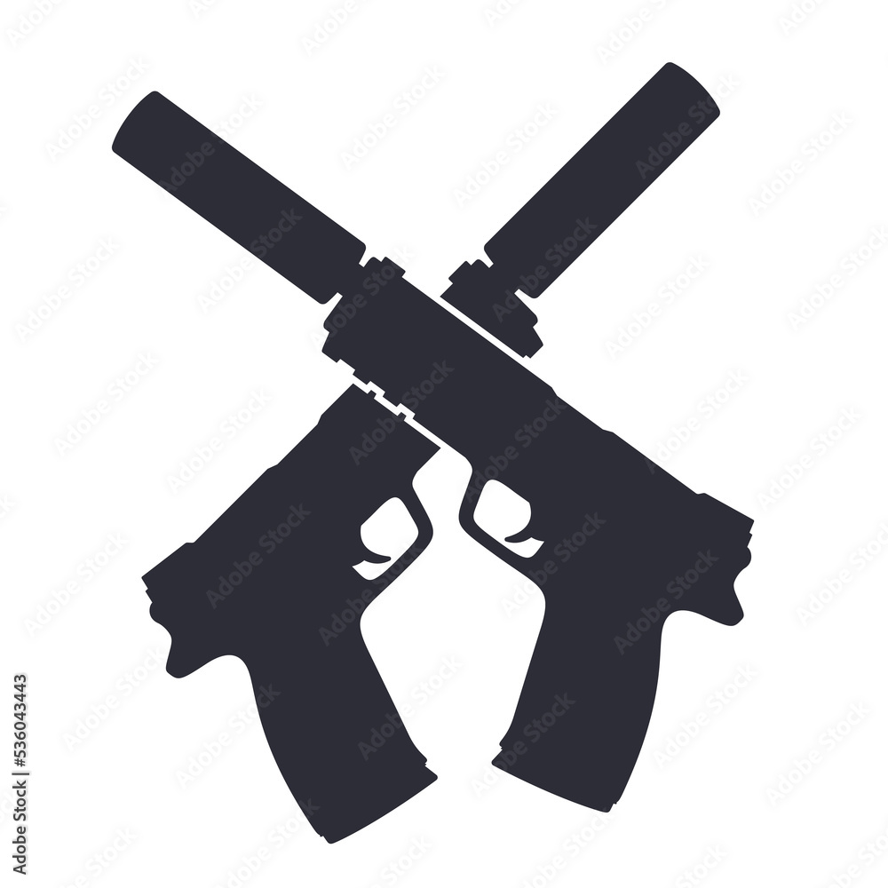 pistols silhouette, handguns with silencers, print with crossed guns ...