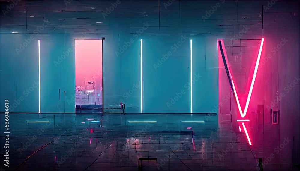 A room with a futuristic feel. Abstract and modern, glowing pink and ...