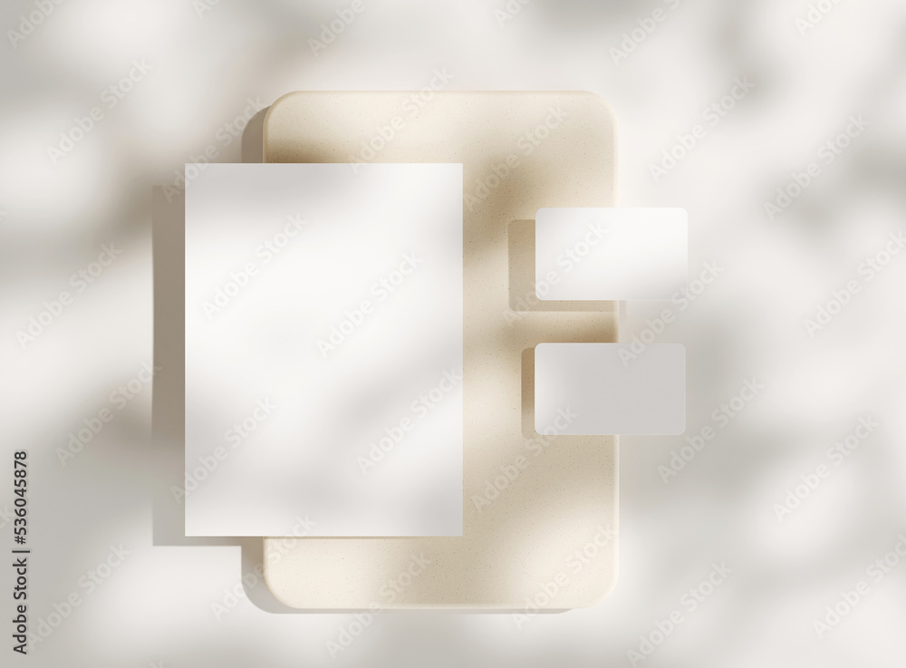 3D blank paper and business cards with soft shadow. Mockup scene ...