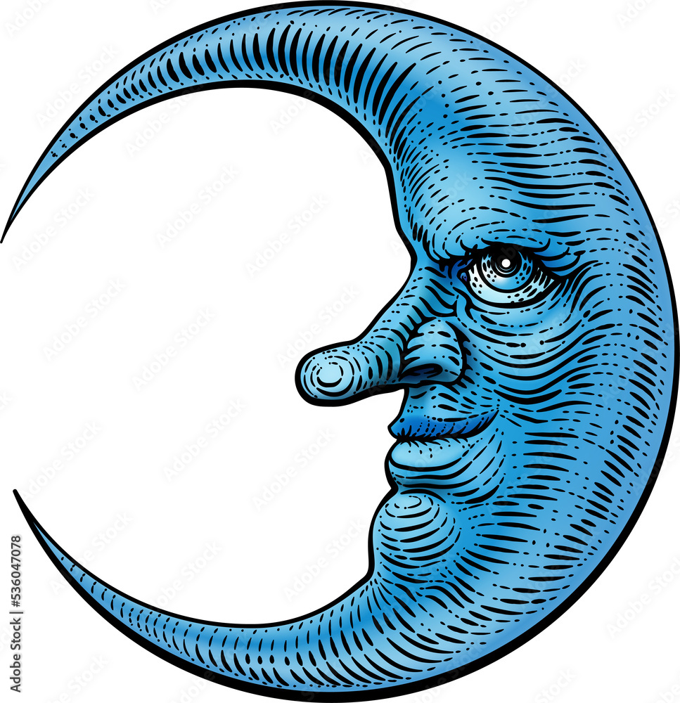 Moon Face Woodcut Drawing Retro Vintage Engraving Stock Illustration ...