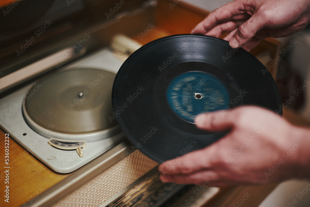 Vinyl record, spinning on turntable, Vintage record player with radio ...