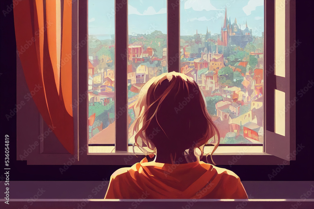 classic view of a woman from behind watching out the window, cartoon ...
