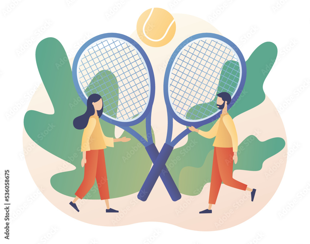 Sport club online. Tennis court, tennis rackets and balls. Group ...