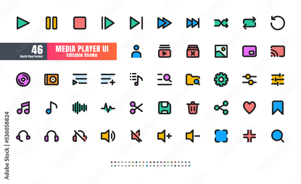 24x24 Pixel Perfect. Multimedia Players User Interface UI. Flat Filled Color Line Outline Icons ...