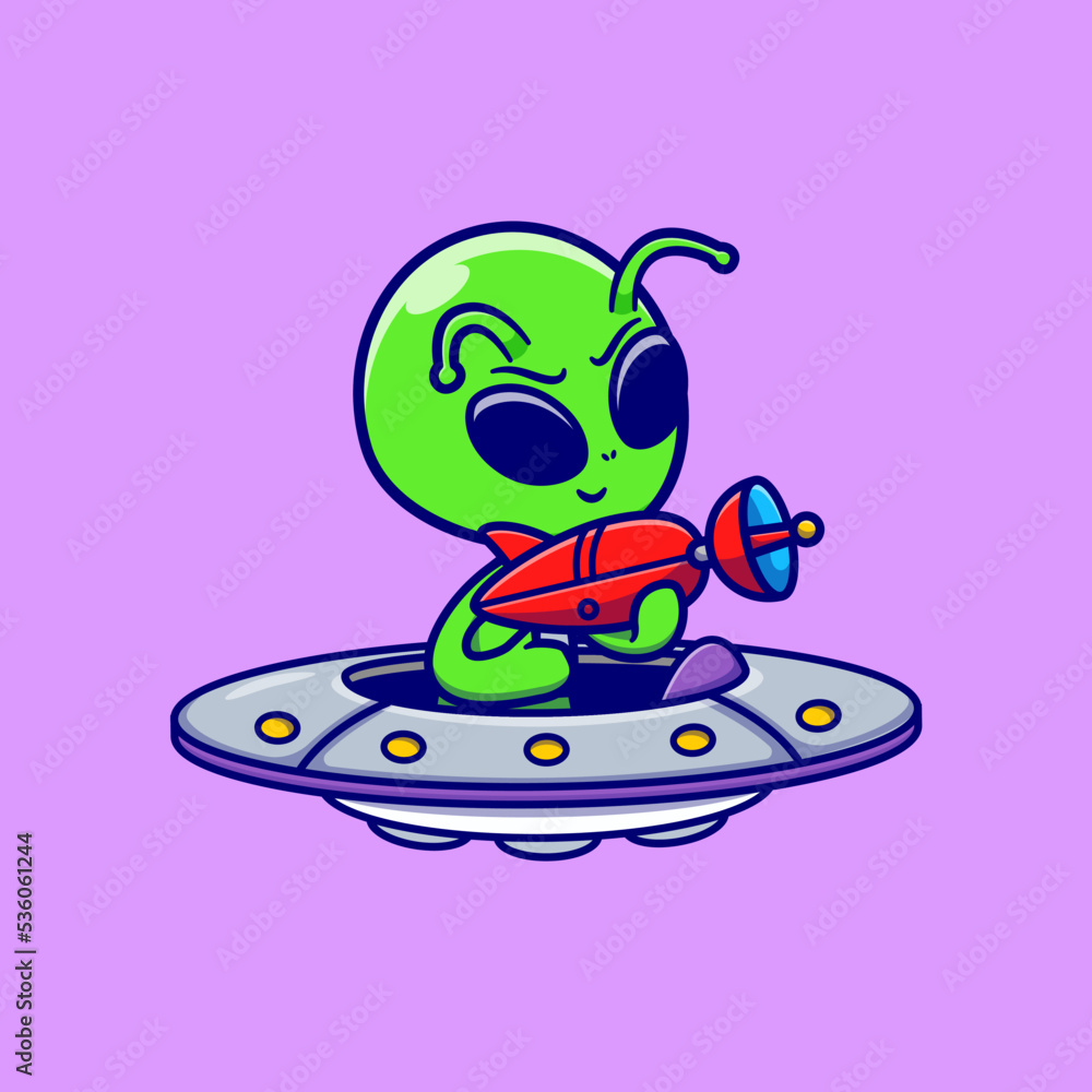 Cute Alien Holding Gun On UFO Spaceship Cartoon Vector Icon ...