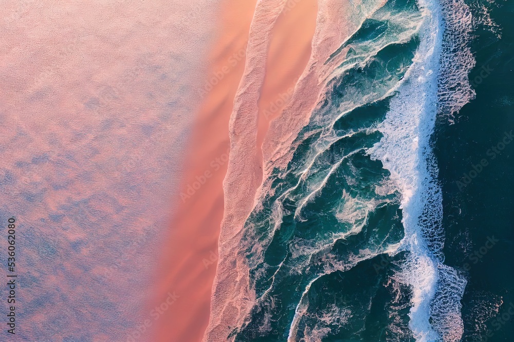 Aerial view of the sunsets over sea. Beautiful sea waves. Pink sand and ...
