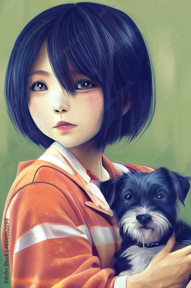 anime girl holding a dog in hand, concept art style Stock Illustration ...