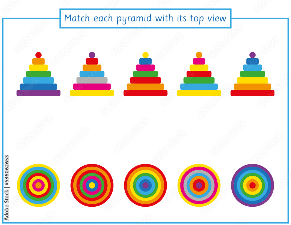 Vetor de Matching game worksheet for kids, find the top view, pyramids ...