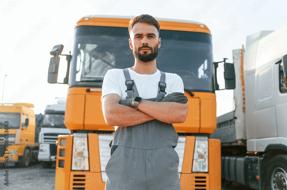 Standing and posing for the camera. Man in unifrom doing service for ...